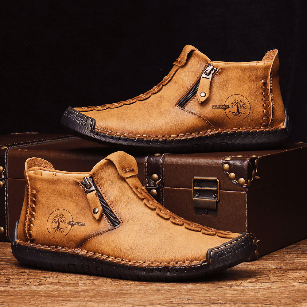 Men Hand Stitching Leather Non Slip Side Zipper Casual Boots | Calceus