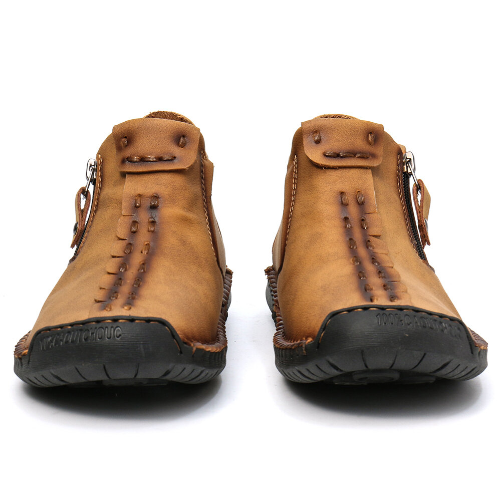 Men Hand Stitching Leather Non Slip Side Zipper Casual Boots | Calceus